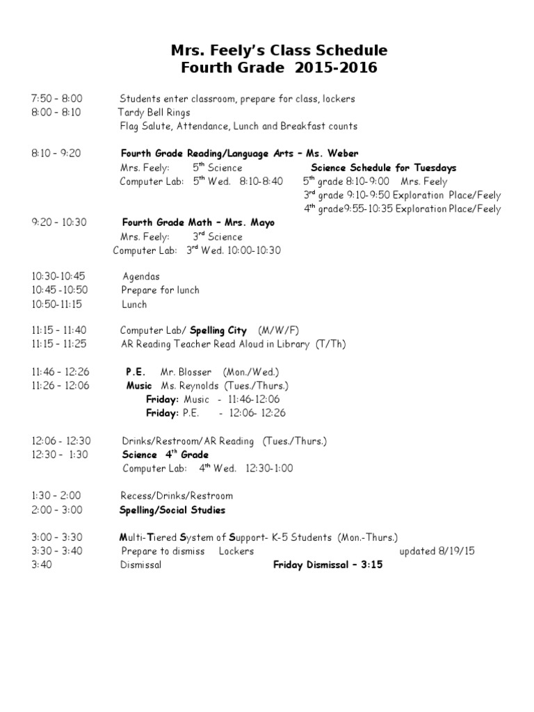 Class Daily Schedule For 2014-2015 | PDF | Language Arts & Discipline
