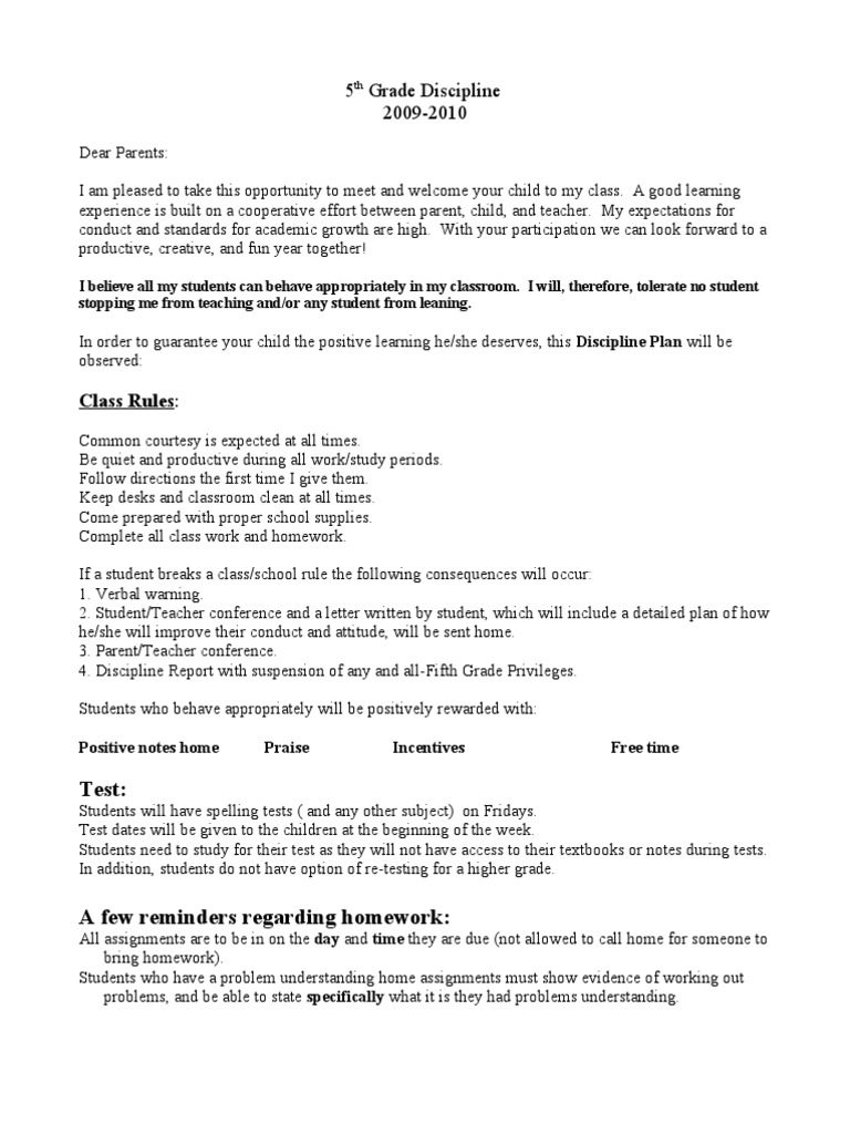 5th Grade Classroom Discipline Plan | PDF | Homework | Change