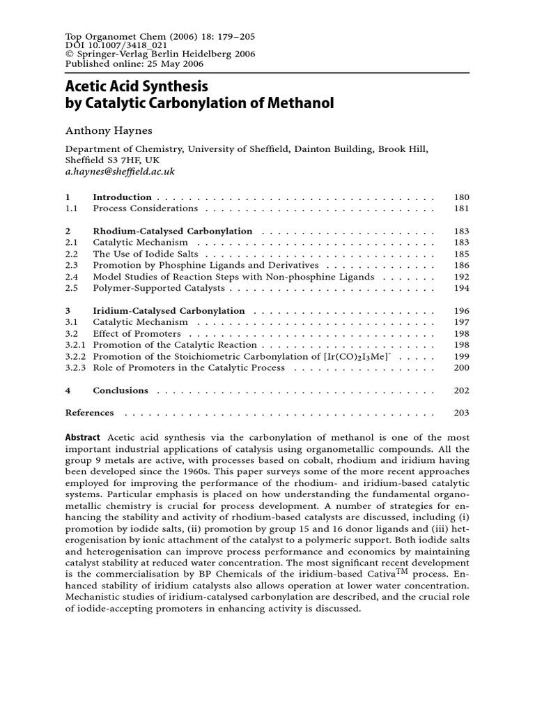 Catalytic Methanol Carbonylation | PDF | Acetic Acid | Catalysis