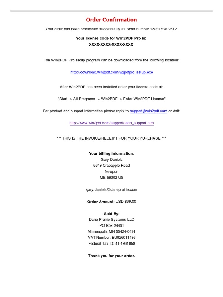 Win2PDF Pro Order Confirmation | PDF | Computers