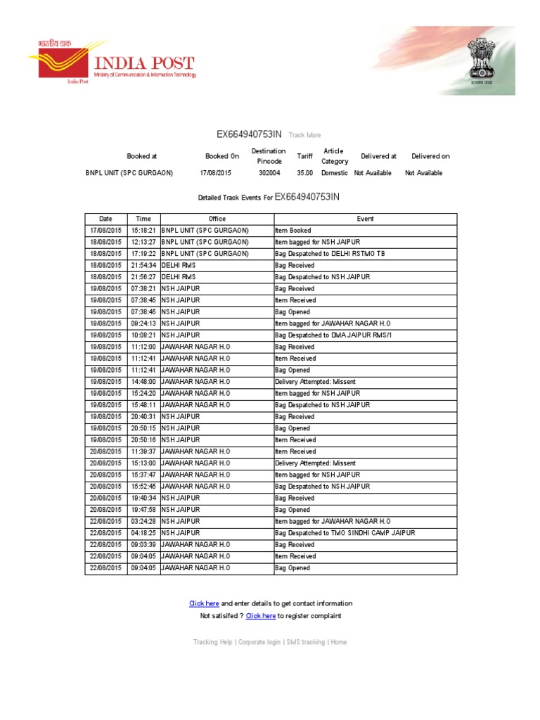 India Post Tracking Details for EX664940753IN | PDF