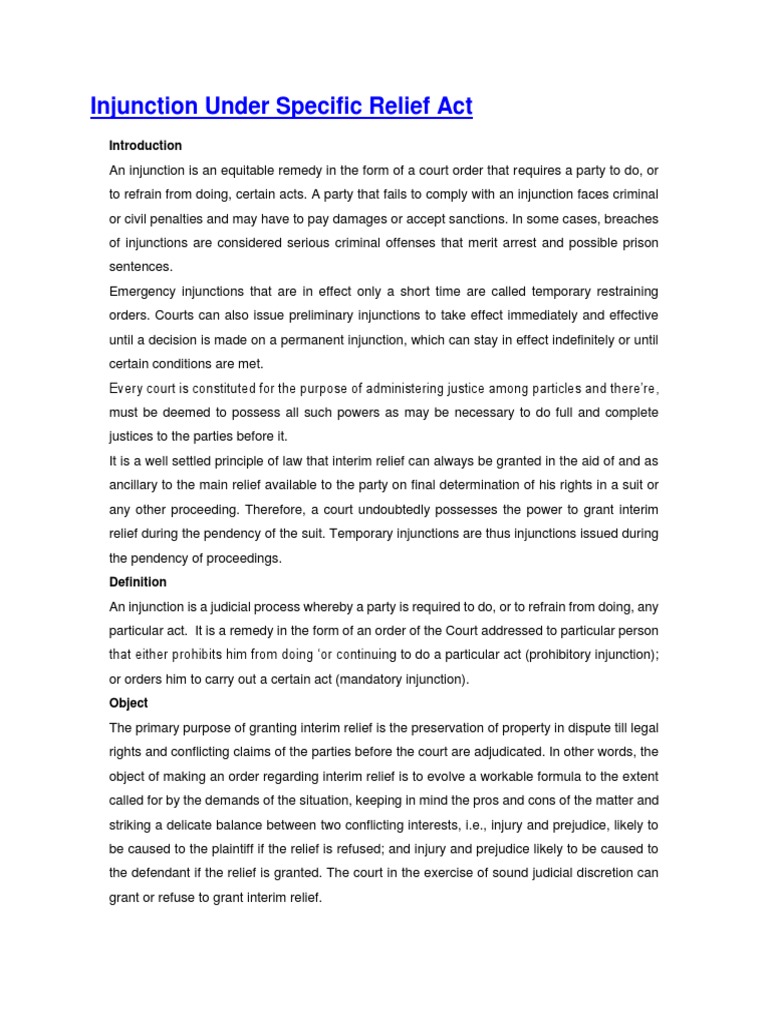 Injunction Under Specific Relief Act | PDF | Injunction | Lawsuit