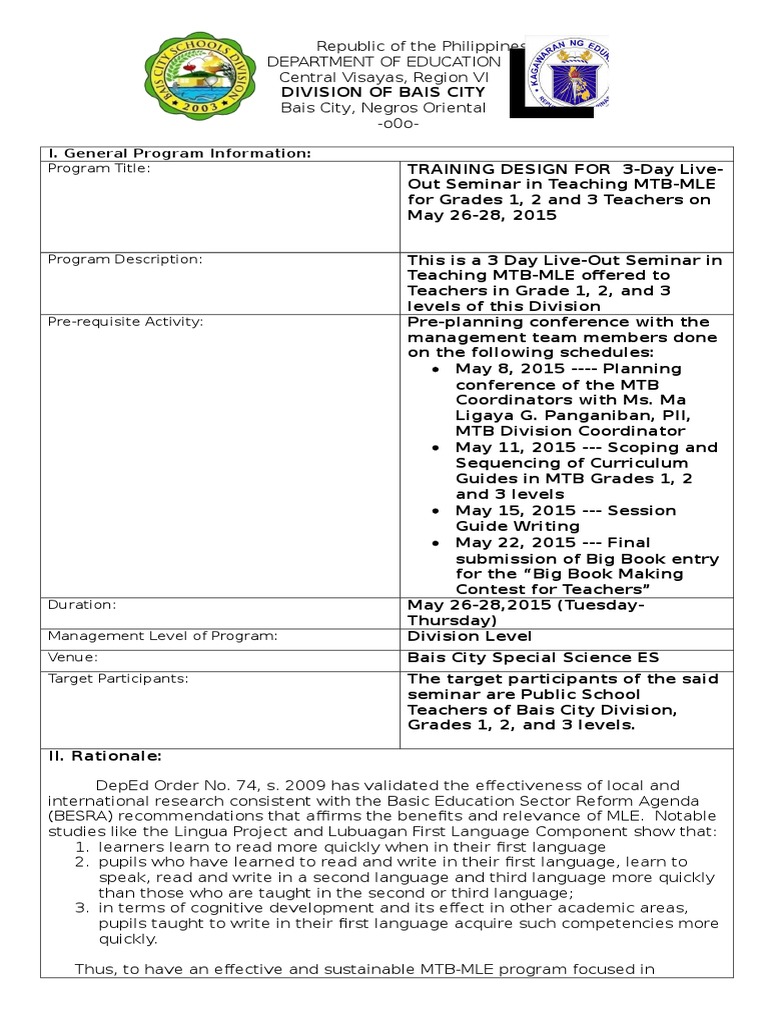Training Design MTB-MLE 2015 Final | PDF | Second Language | Teachers