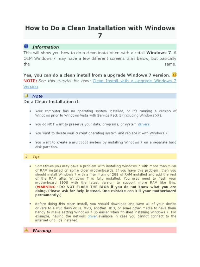 How To Do A Clean Installation With Windows 7 | PDF | Windows 7 | Usb ...