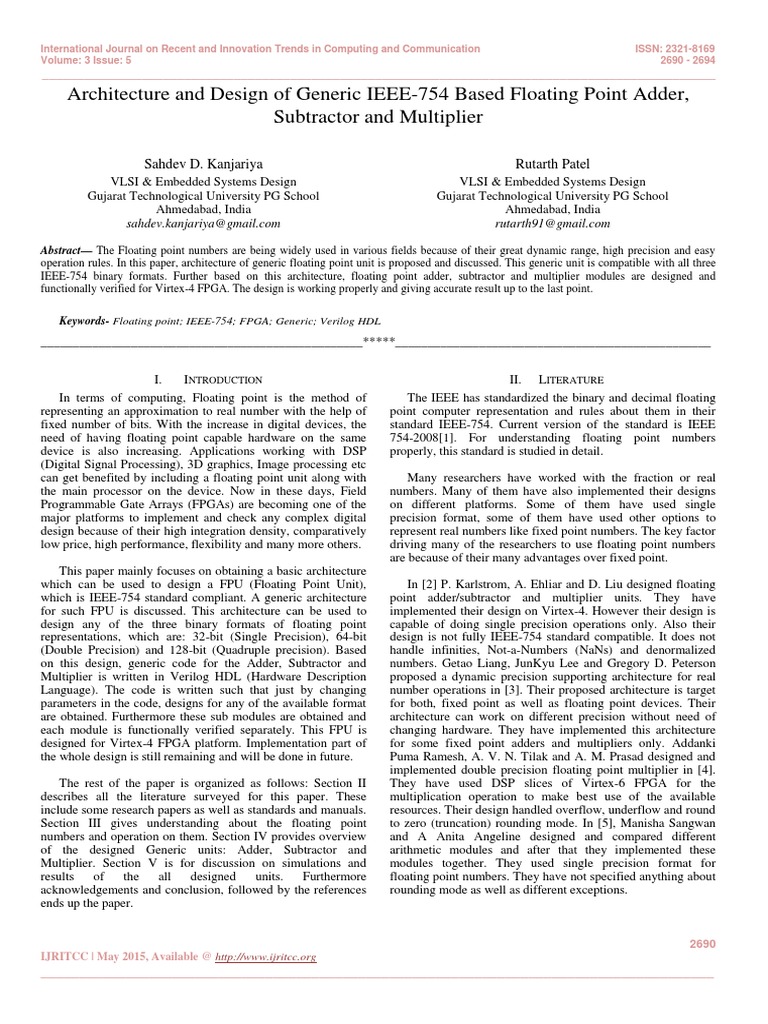 Architecture And Design Of Generic Ieee 754 Based Floating Point Adder Subtractor And