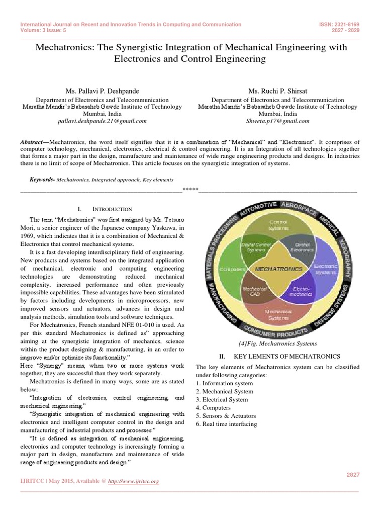 Mechatronics The Synergistic Integration of Mechanical Engineering With Electronics and Control ...