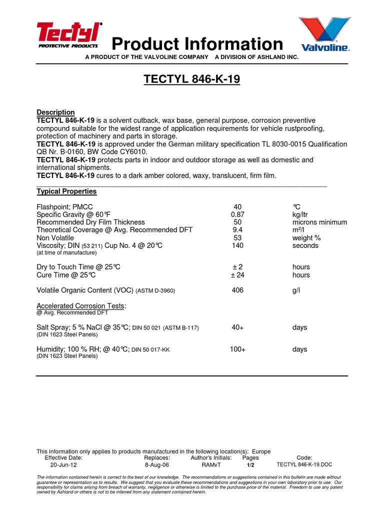 TECTYL 846-K-19 Corrosion Preventive Compound | PDF | Chemistry | Materials