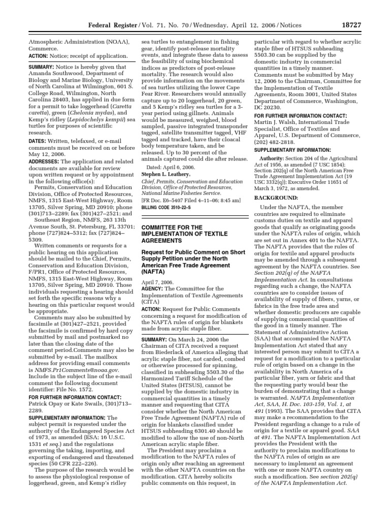 Notice: Textile and Apparel Categories: North American Free Trade ...