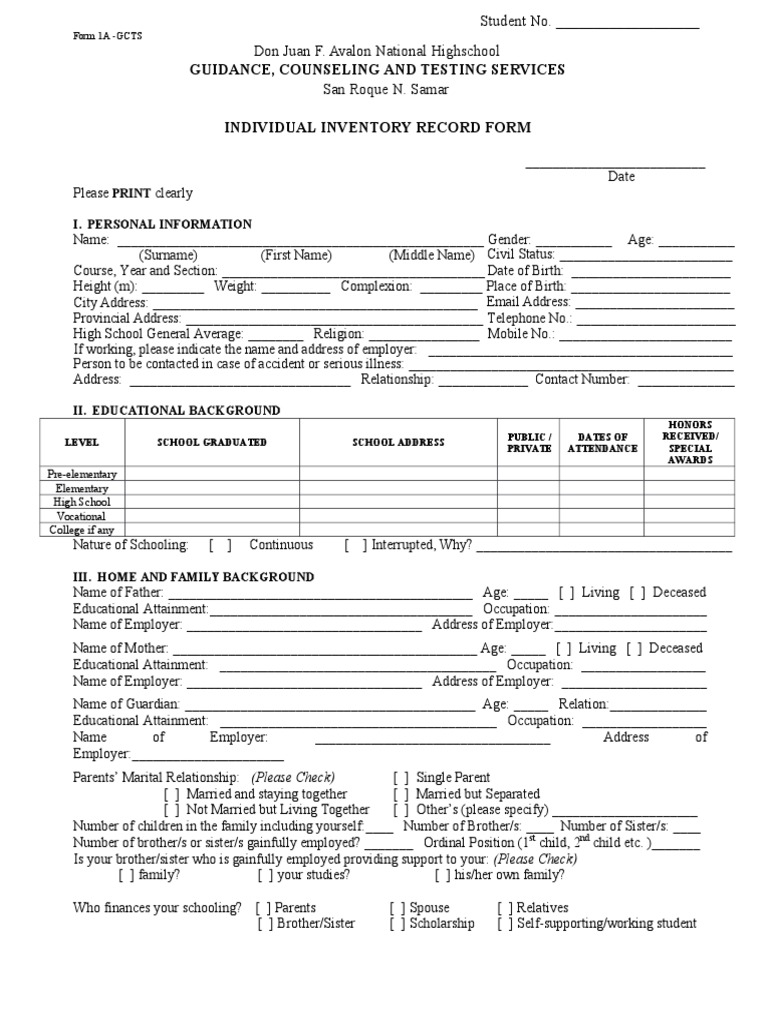 Student Individual Inventory Record Form | PDF | Self-Improvement