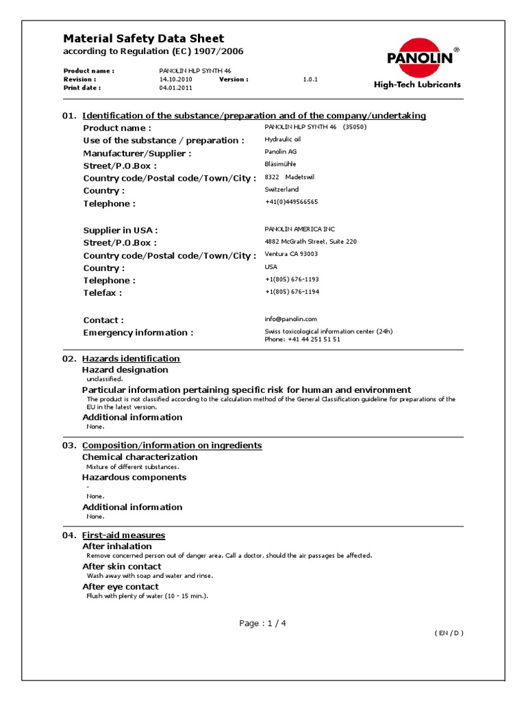 Panolin HLP Synth MSDS | PDF | Fires | Nature