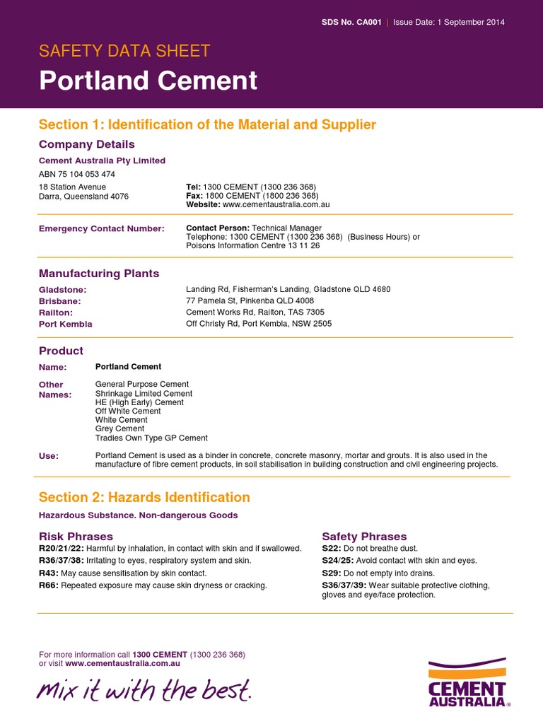 General Purpose Cement and Portland Cement - Safety Data Sheet | PDF ...