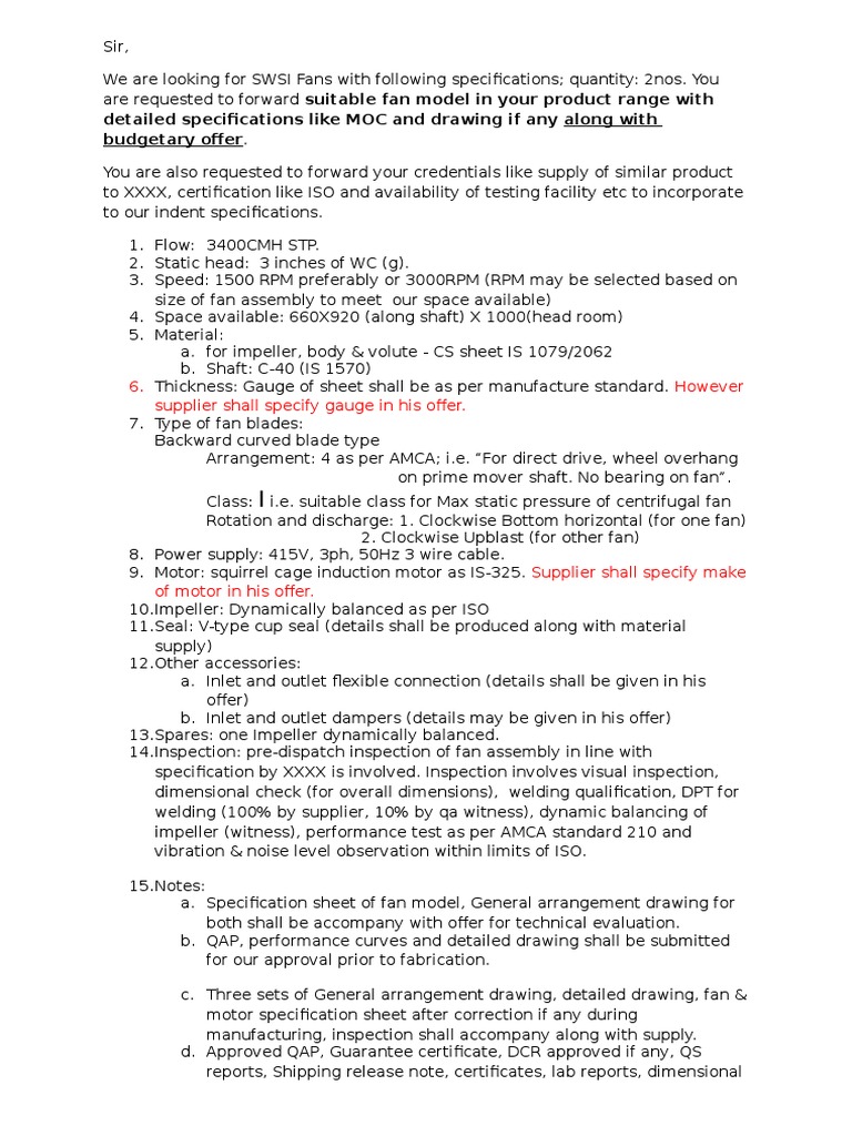 Fan Specifications | PDF | Mechanical Fan | Mechanical Engineering