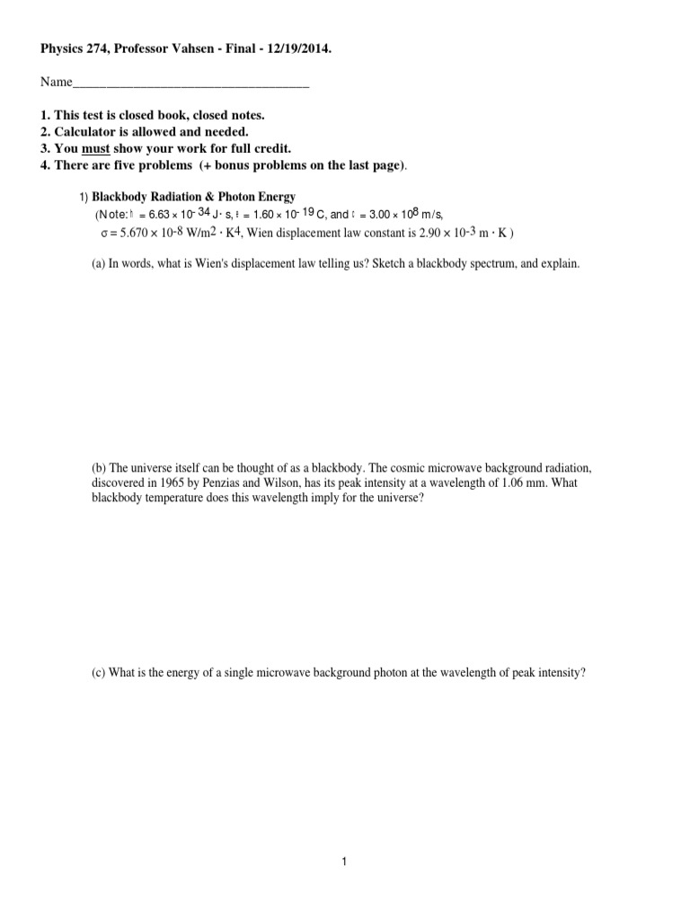 Modern Physics Practice Final | PDF | Electron | Atoms
