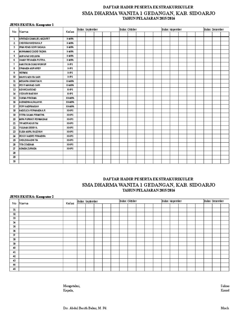 Absensi Ekstrakurikuler | PDF