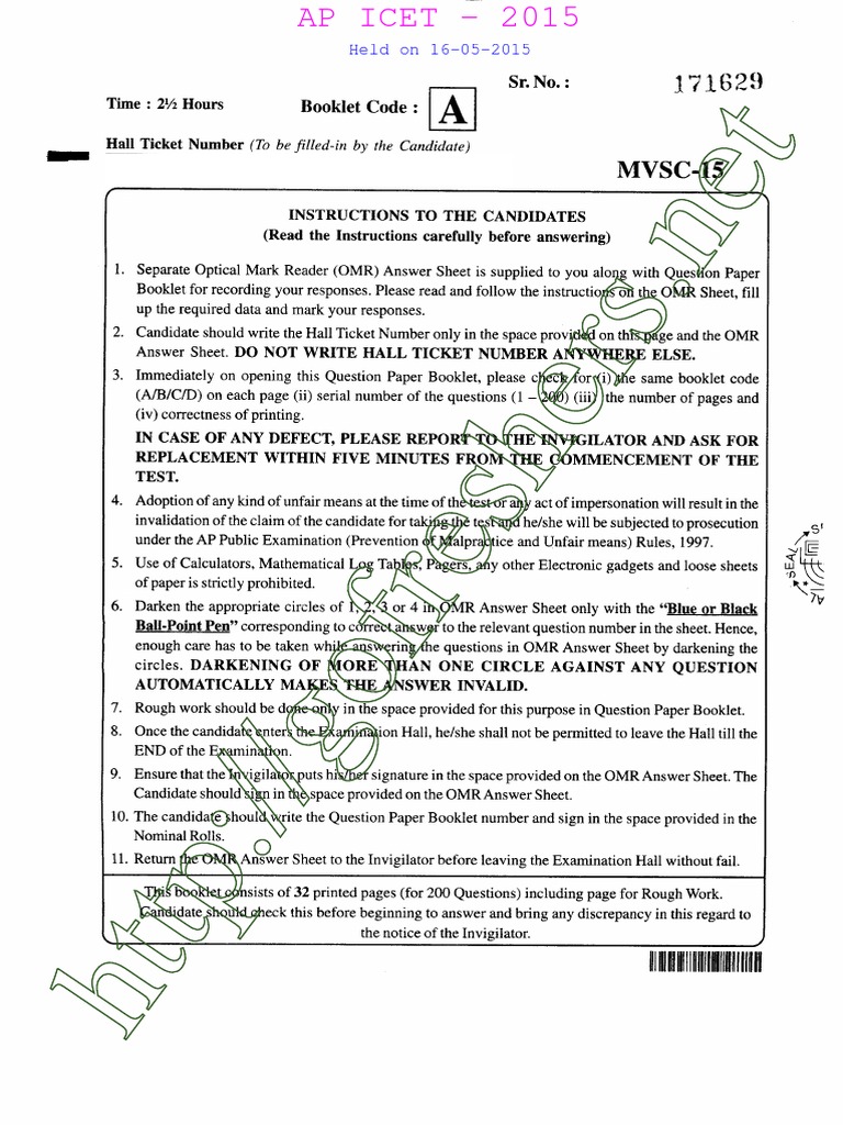 AP ICET 2015 Question Paper and Answer Key Download | PDF | Educational ...