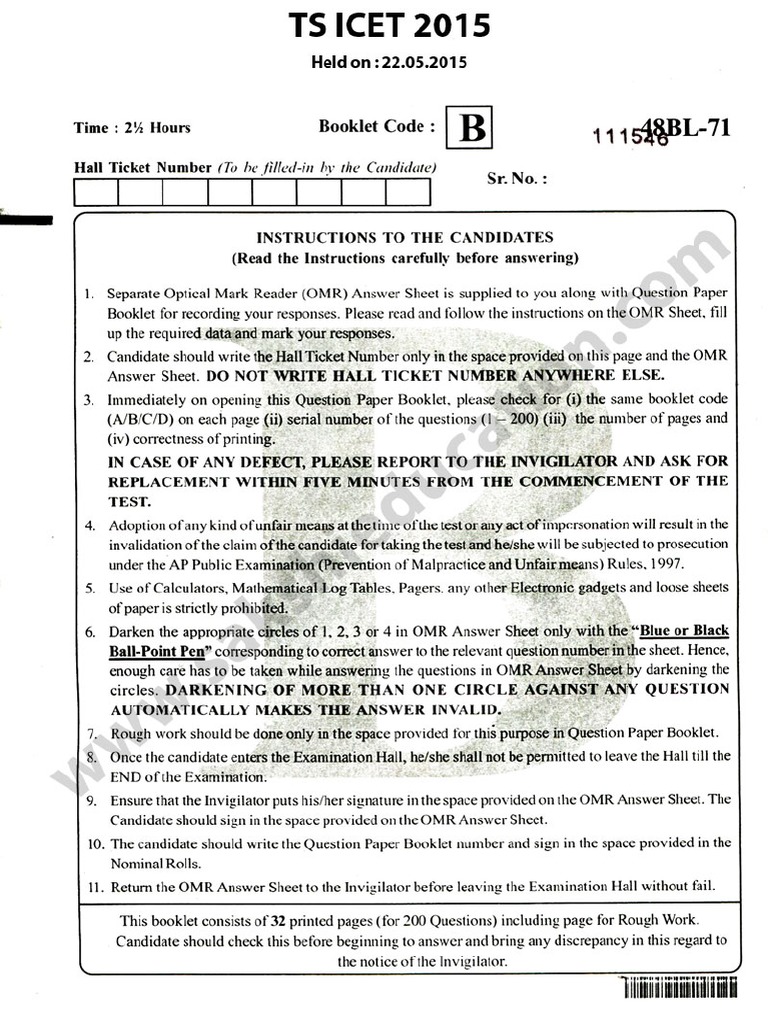 TS ICET 2015 Question Paper & Answer Key Download | PDF