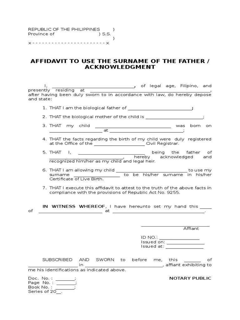 Affidavit To Use The Surname of The Father | PDF