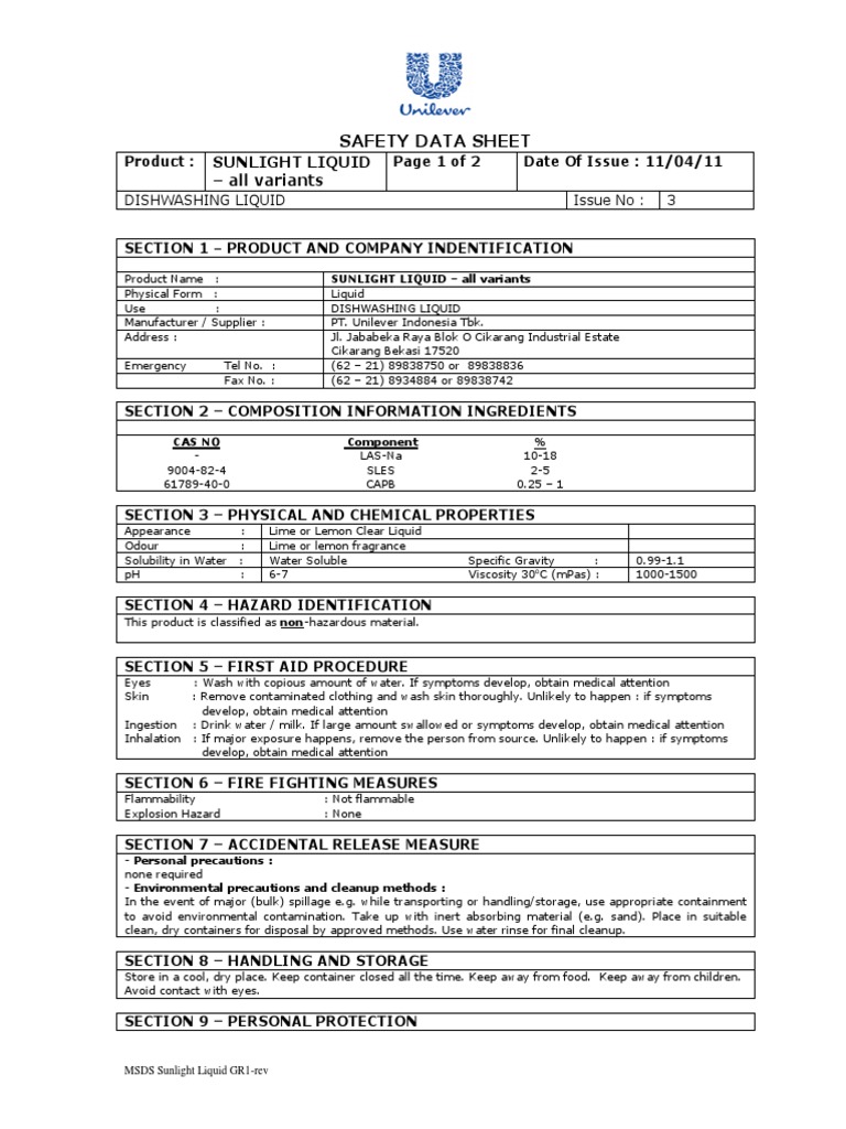 Sunlight Liquid 2011 | PDF | Occupational Safety And Health | Safety