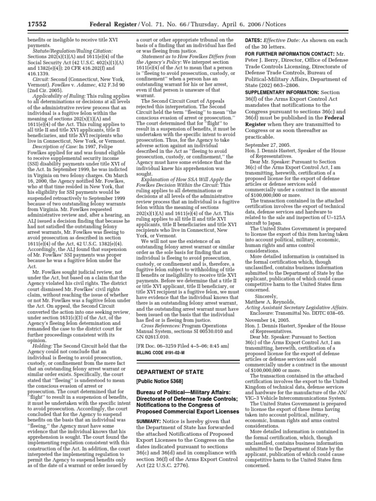 Notice: Arms Export Control Act: Commercial Export Licenses ...