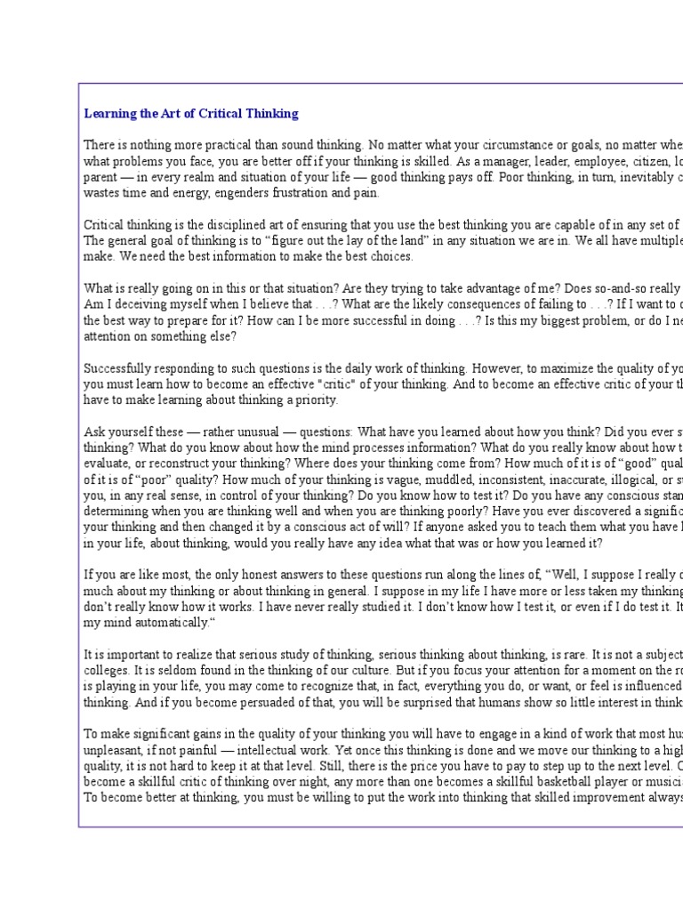 Learning The Art of Critical Thinking | PDF | Thought | Question