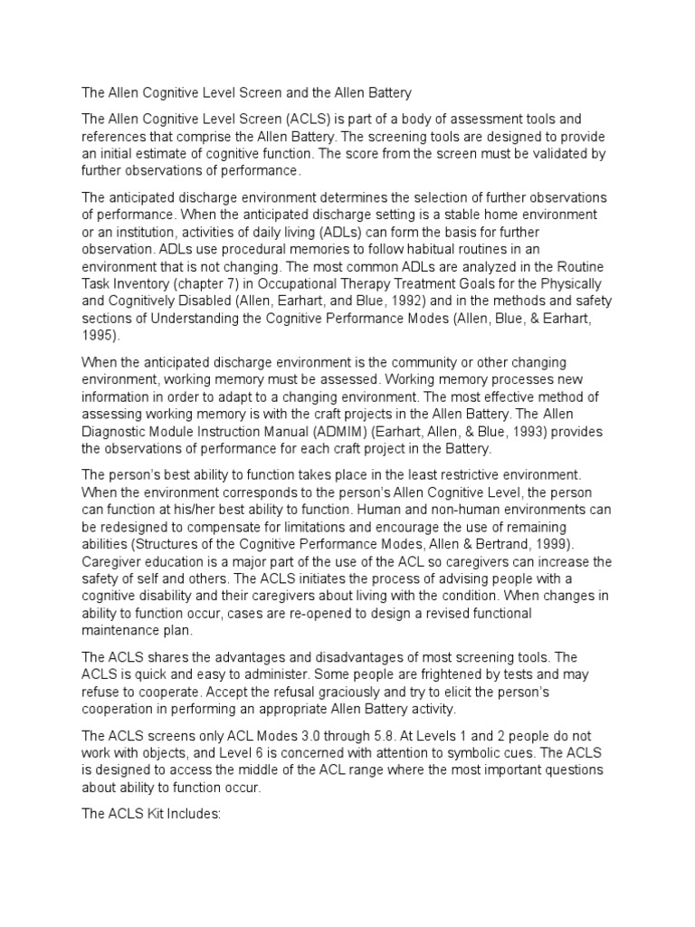 The Allen Cognitive Level Screen and The Allen Battery | PDF | Surgical ...