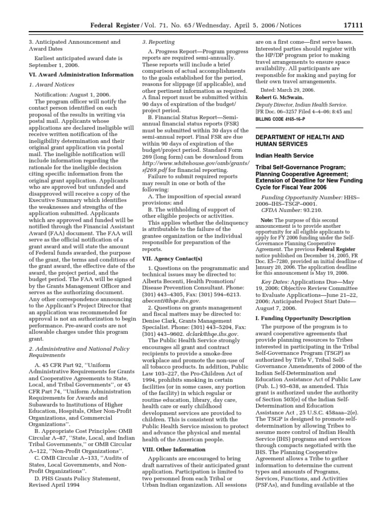 Notice: Grants and Cooperative Agreements Availability, Etc.: Tribal Self-Governance Program ...