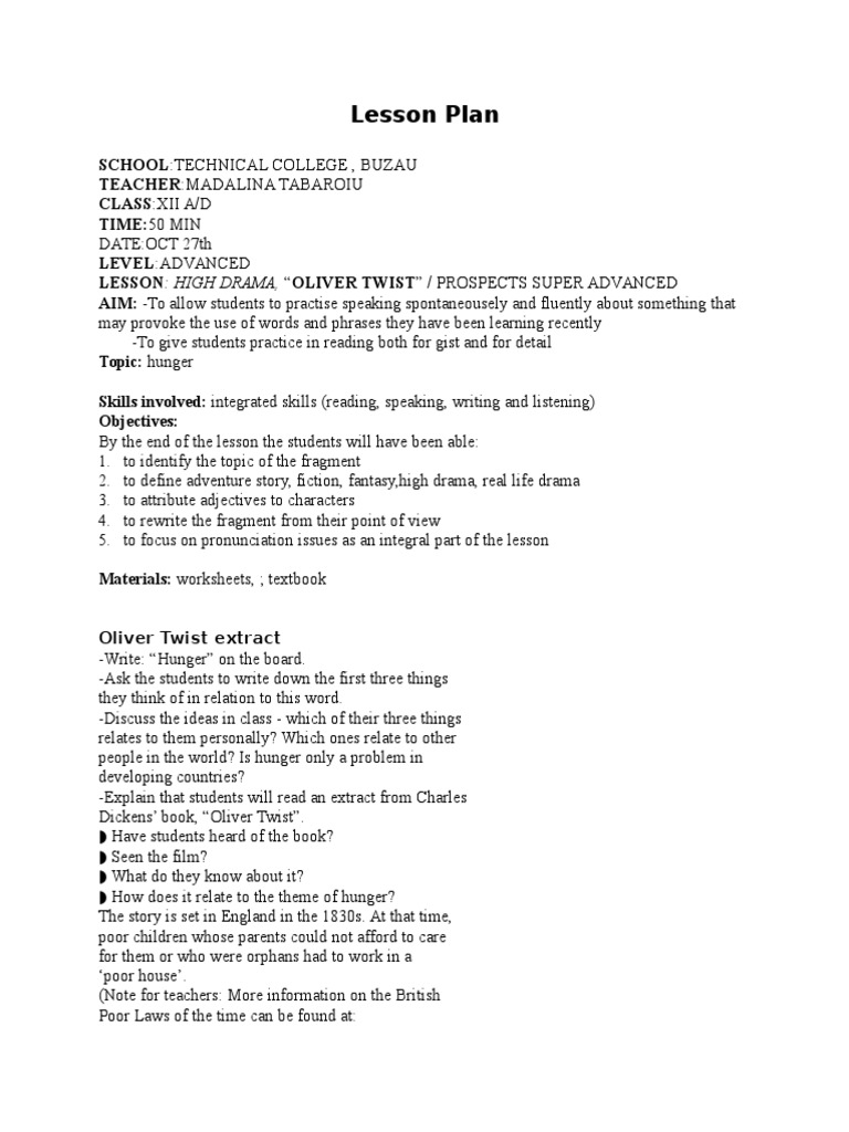 Oliver Twist: Lesson on Hunger Theme | PDF | Oliver Twist | Lesson Plan