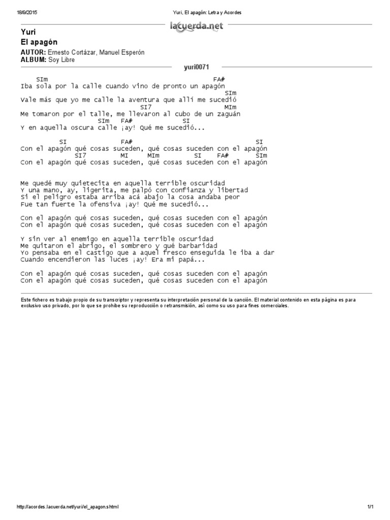 YYuri, El Apagón - Letra y Acordesuri, El Apagón - Letra y Acordes ...