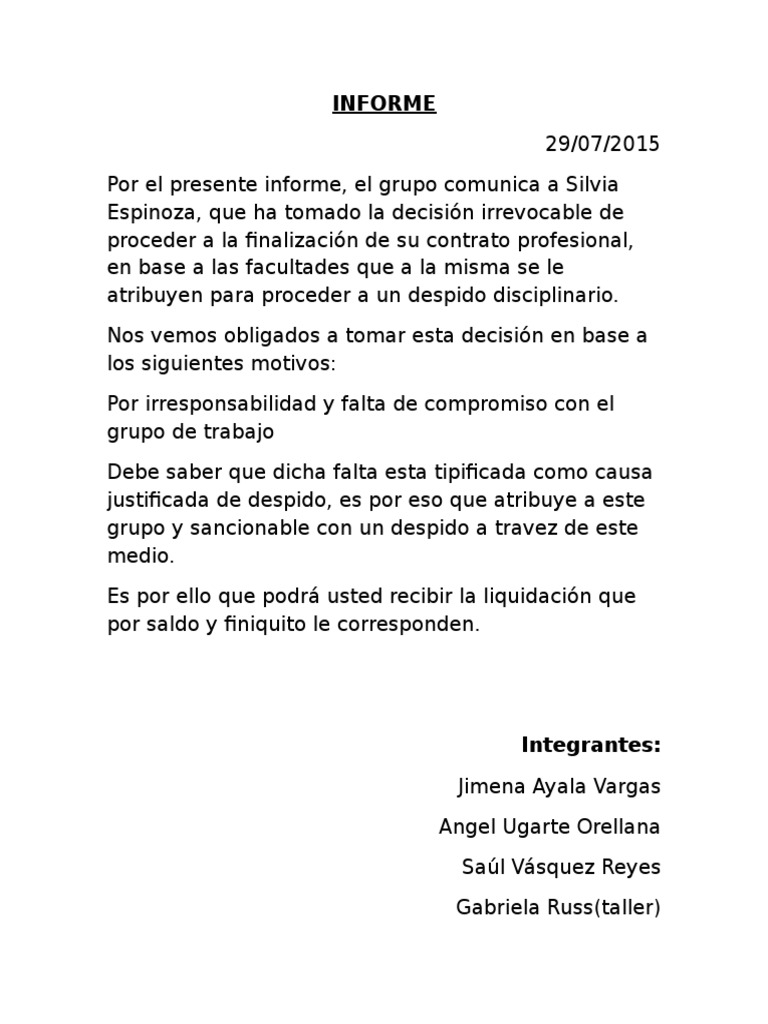 INFORME Gestion de Proyectos Carta de Despido | PDF | Negocios