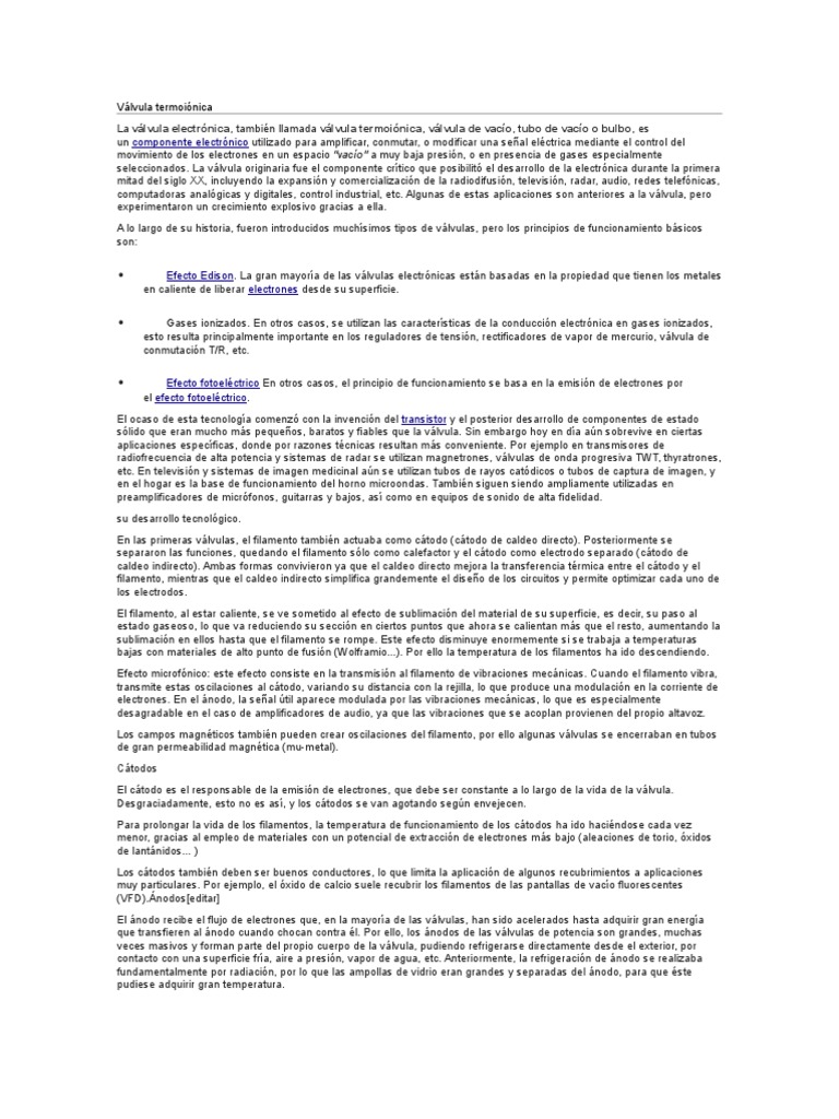 Historia y Funcionamiento de Válvulas Termoiónicas | PDF | Tubo vacío ...