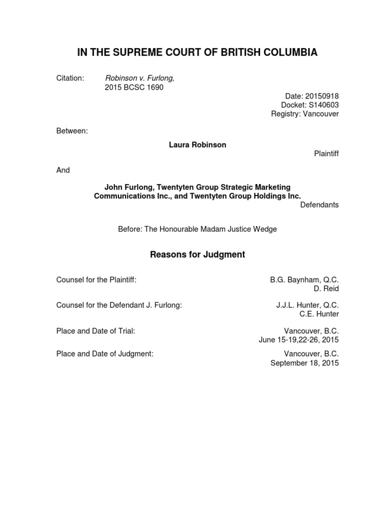 Judge Wedge, Re Robinson v. Furlong, Judgement 2015 | PDF | Defamation ...