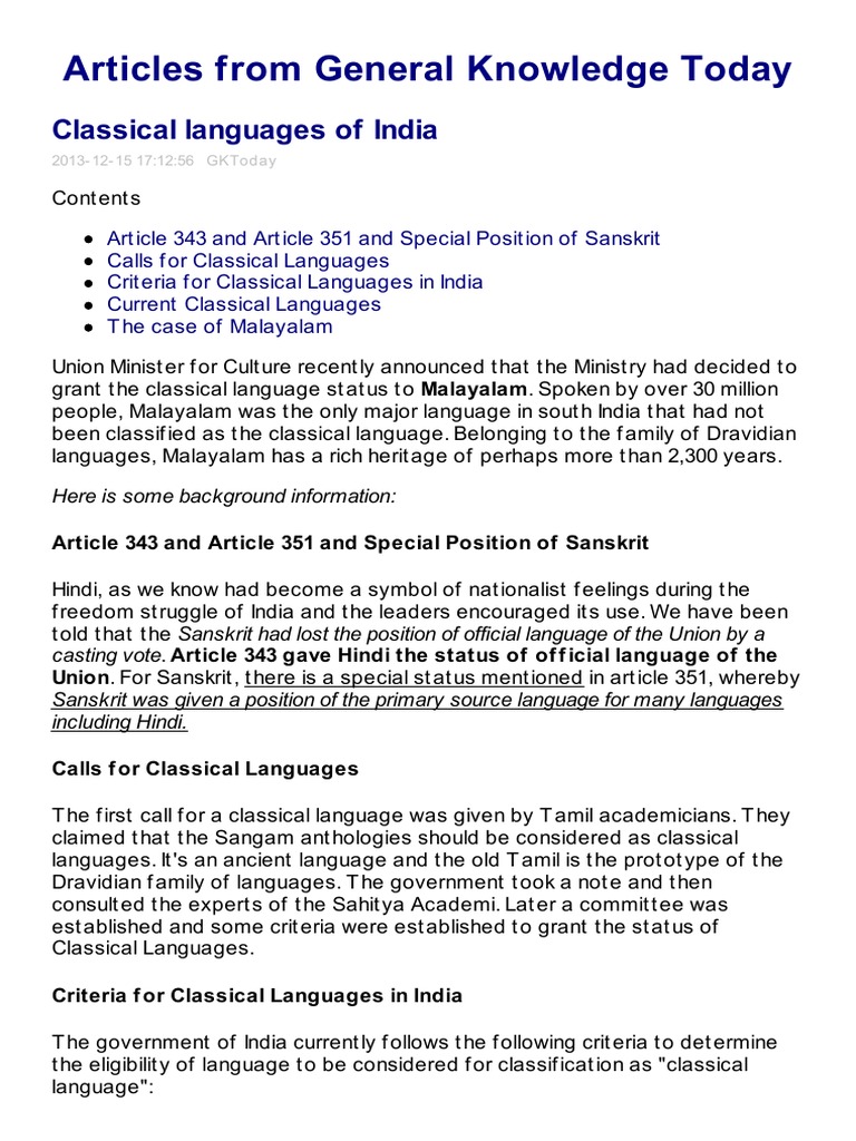 Classical Language | PDF | Languages Of India | Language Families