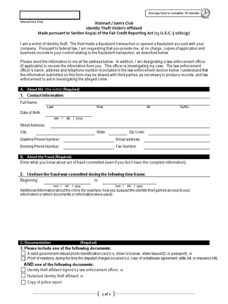 Walmart/Sam's Club Identity Theft Affidavit | PDF | Identity Theft ...