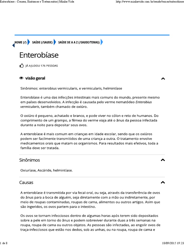 Enterobíase - Causas, Sintomas e Tratamentos Minha Vida | PDF