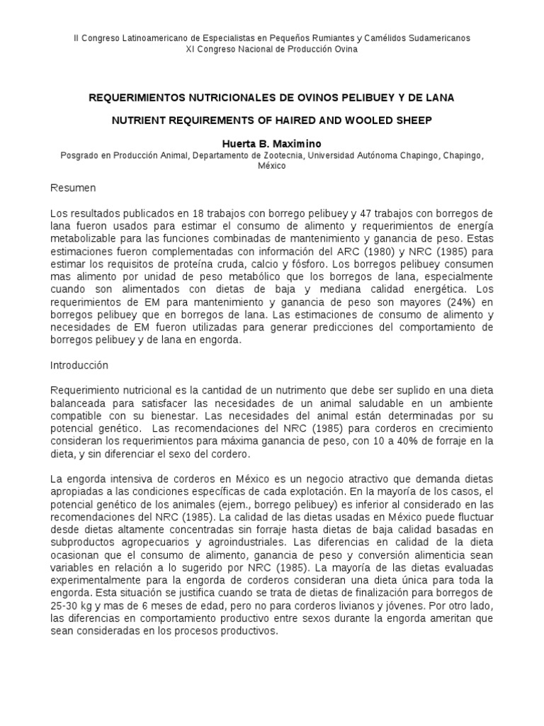 Requerimientos Nutricionales de Pelibuey | PDF | Oveja | Dieta