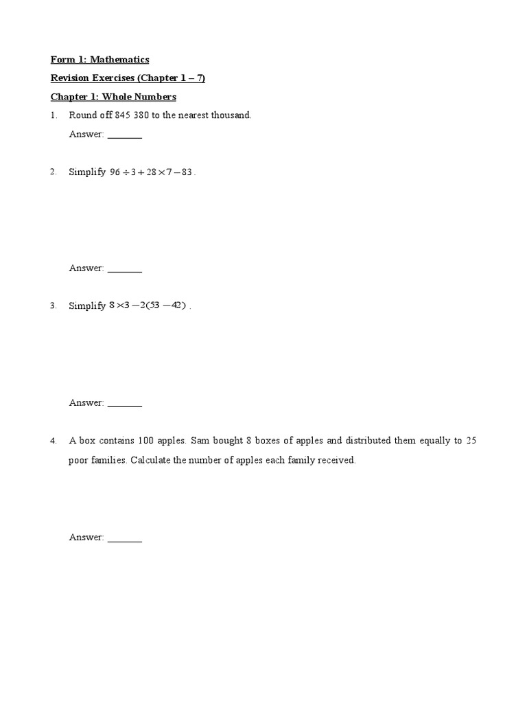 Maths Revision Exercises Chapter 1 7 Student | PDF