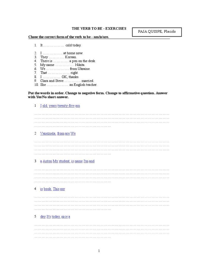 Verb To Be Exercises for Beginners | PDF