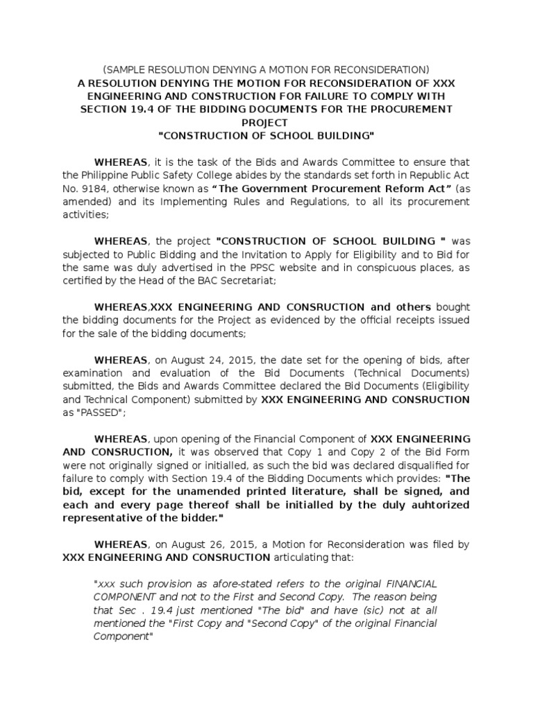 Sample Resolution Denying A Motion For Reconsideration | PDF ...