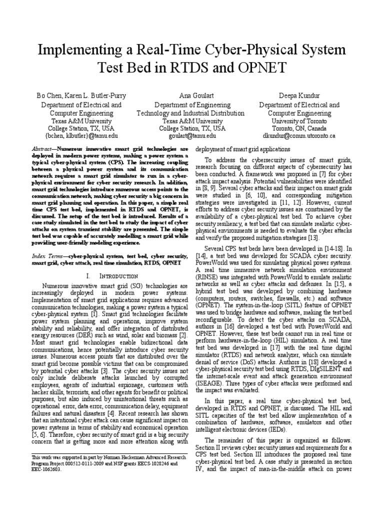 Implementing A Real Time Cyber Physical System Test Bed In Rtds And Opnet Pdf Cyberwarfare