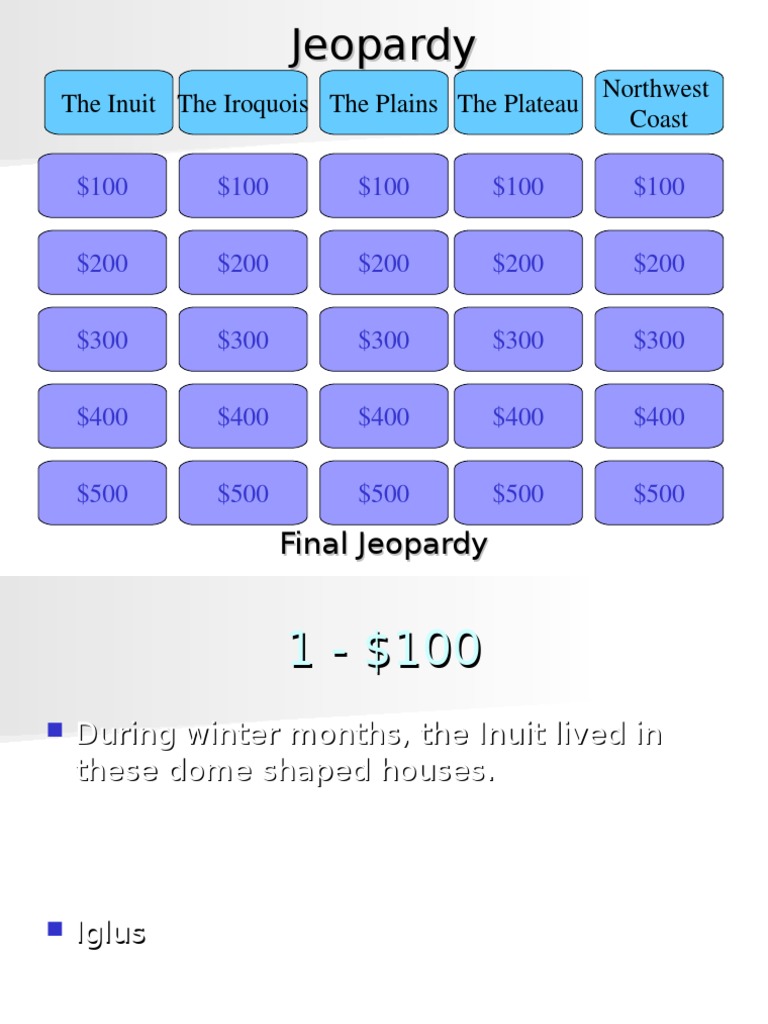 Native American Cultures Jeopardy | PDF | Inuit | American Bison