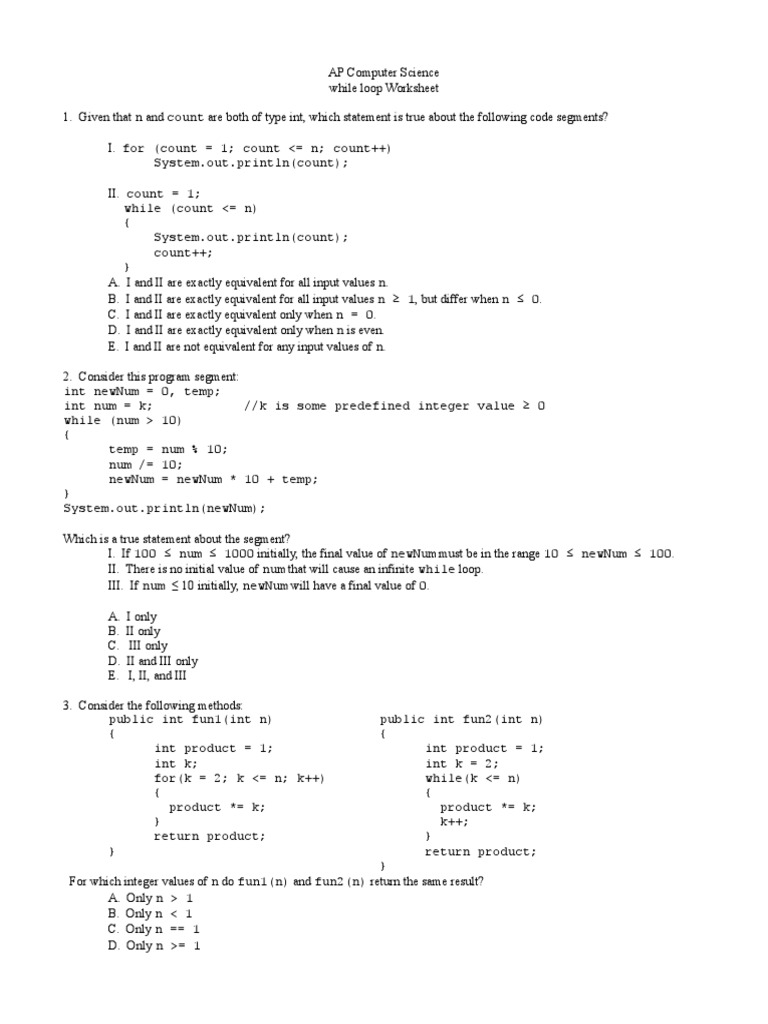 AP CS While Loop Worksheet | Download Free PDF | Integer (Computer Science) | Control Flow