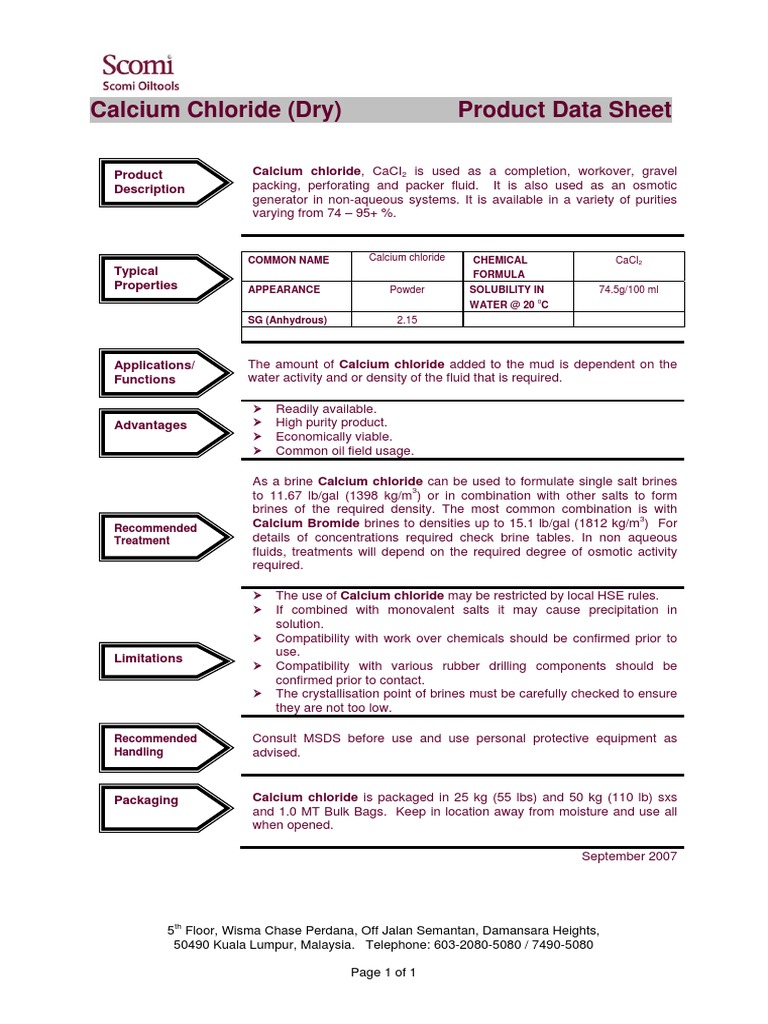 Calcium Chloride (Dry) Product Data Sheet | PDF