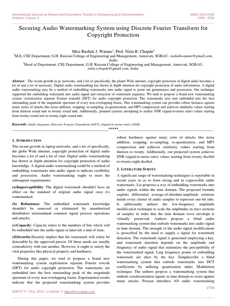 Securing Audio Watermarking System Using Discrete Fourier Transform For Copyright Protection ...