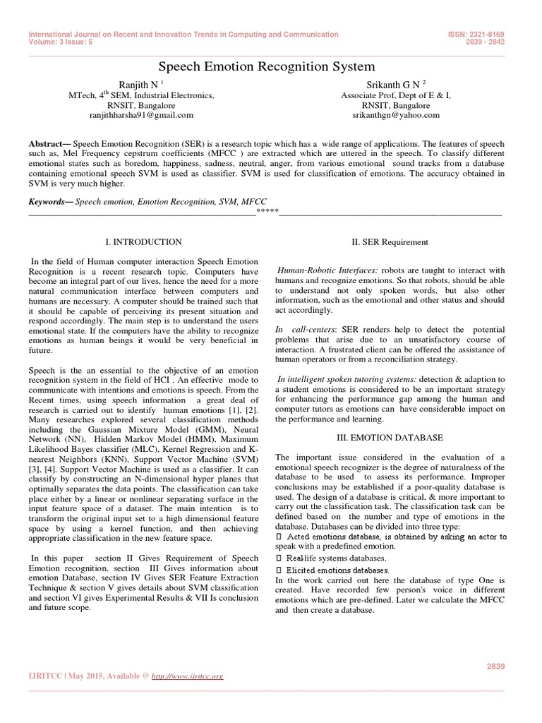 Speech Emotion Recognition System | Download Free PDF | Support Vector ...