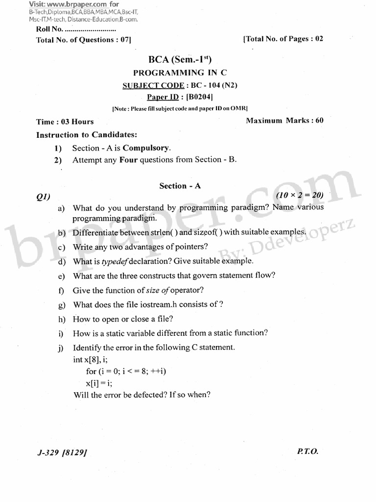 BCA Programming in C Exam Paper | PDF | Computers