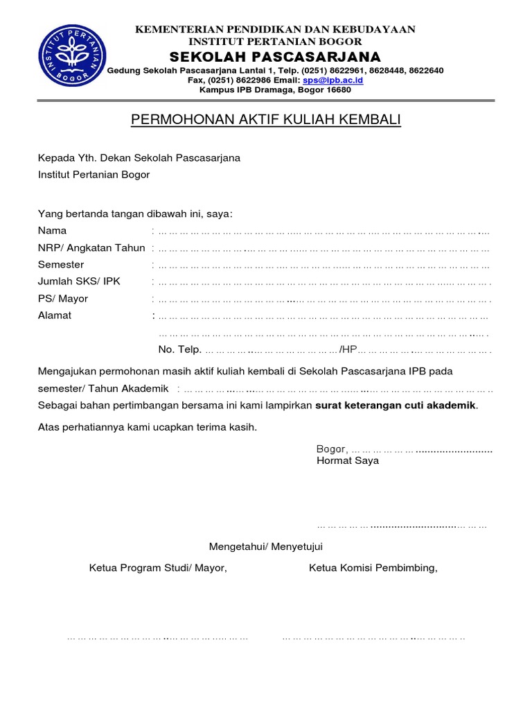 Contoh Form Aktif Kuliah Kembali Ipb | PDF | Teknologi & Rekayasa