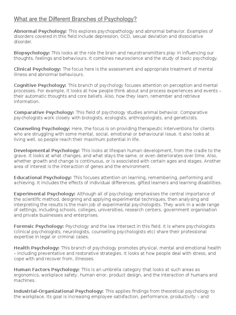 Branches of Psychology Explained | PDF | Developmental Psychology ...