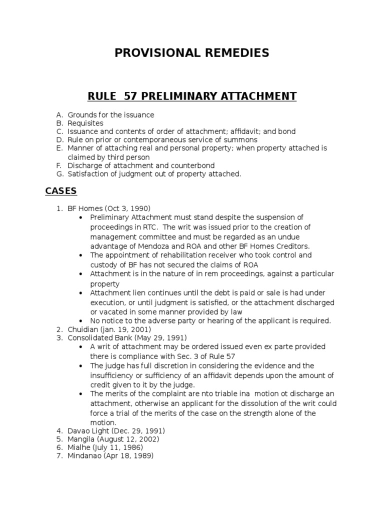 Provisional Remedies: Rule 57 Preliminary Attachment | PDF | Injunction | Certiorari