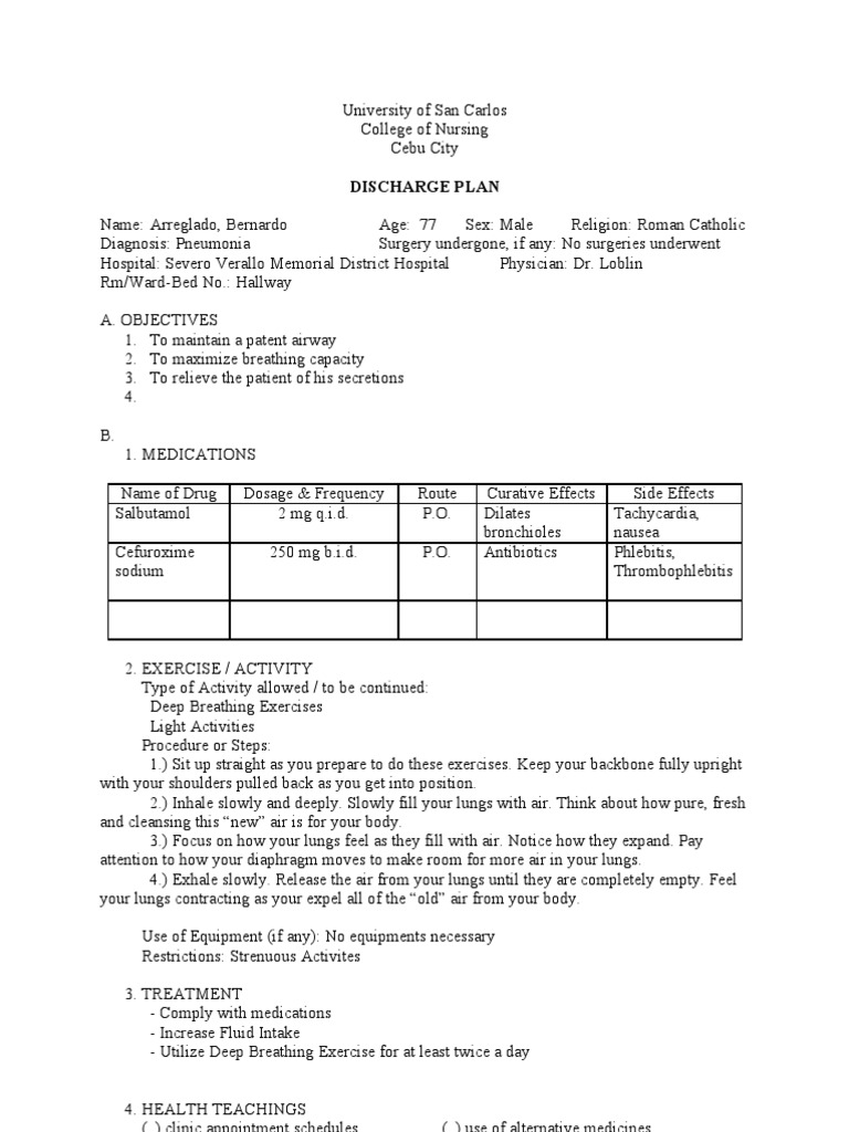 Discharge Plan For Pneumonia Patients | PDF | Lung | Psychotherapy