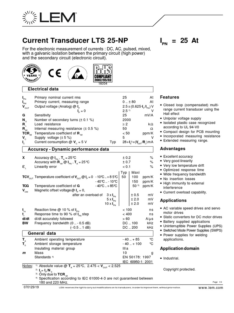Current Transducer LTS 25-NP I 25 at | PDF | Power Supply | Printed ...